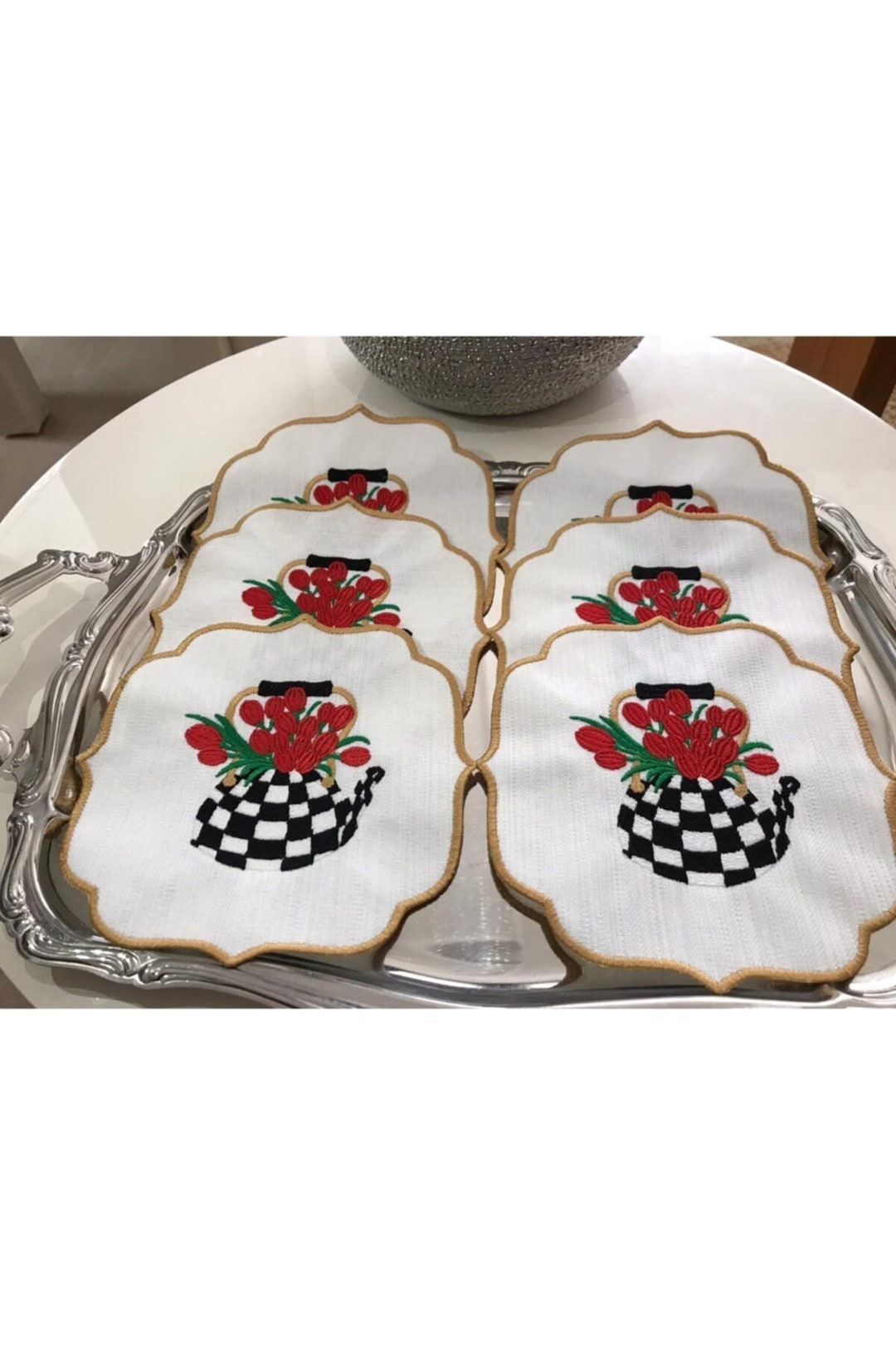 Black and White Checkered Kettle Tulip Pattern Cocktail Napkins,%100 ...