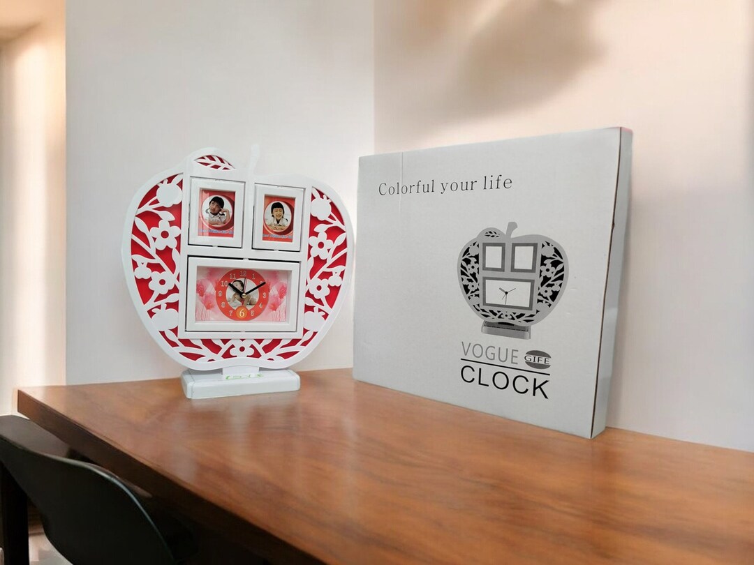 White Apple Photo Frame With Desk Clock, Modern Tabletop Decor for 3 ...
