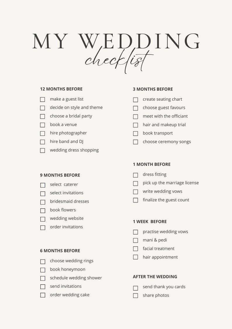 Printable My Wedding Checklist - Etsy