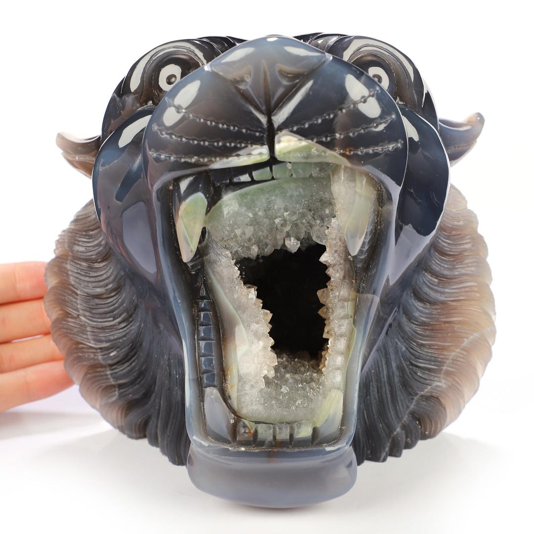6.3" Agate Geode Hand Carved Crystal Leopard Head Sculpture, Crystal ...
