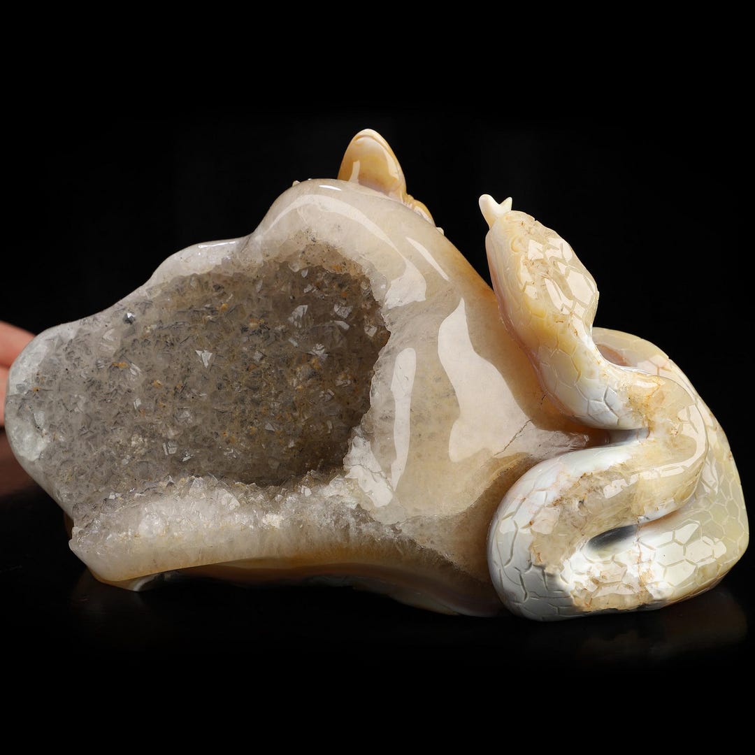 7.3" Agate Geode Hand Carved Crystal Snake and Frog Sculpture, Crystal ...