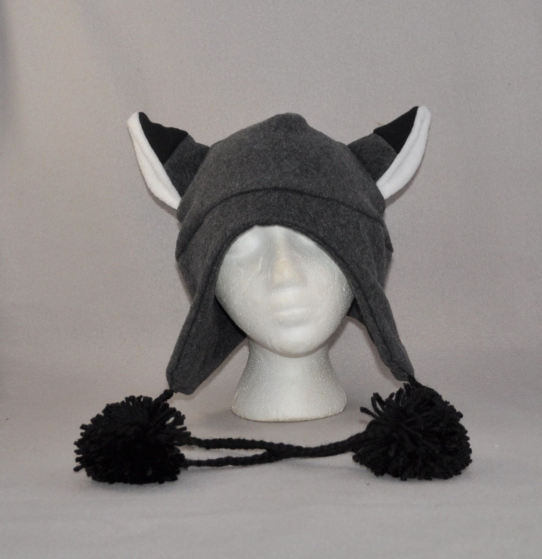 Grey Fox With Poppoms Earflap With Ties Beanie Animal Fleece Hat Anime ...
