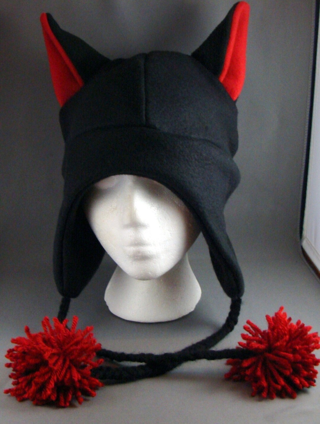 Black Cat Red Yarn Pompoms Winter Cute Kitty Cat Fleece Beanie Hat ...