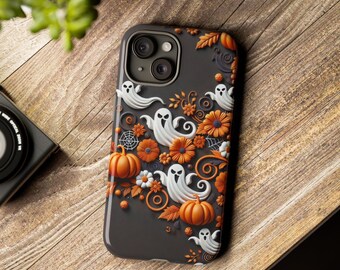 Halloween Phone Case With Cute Ghosts Pumpkins, Orange & White Flowers ...