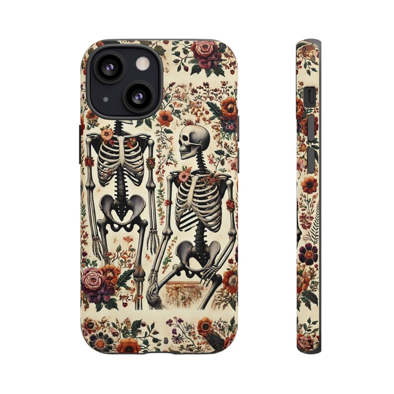Vintage-inspired Skeletons With Floral Patterns Phone Case Halloween Cottagecore Style Best Gift ...