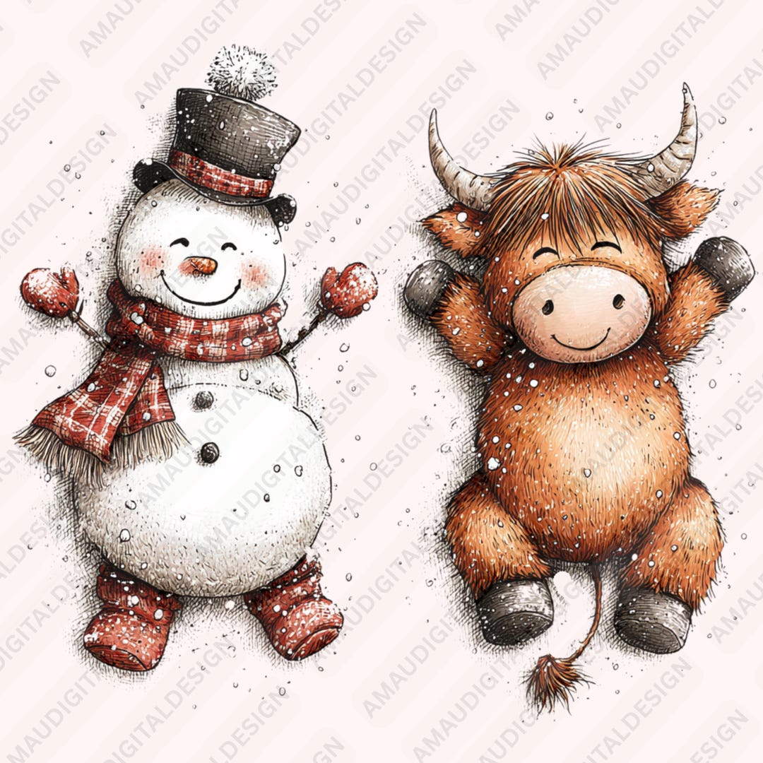 Snowman & Highland Cow Snow Angel Clipart PNG, Christmas Farm Animal ...