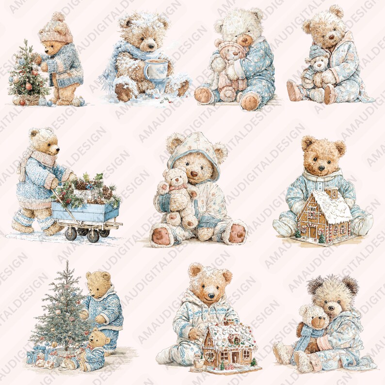 Watercolor Winter Teddy Bear Clipart, Christmas PNG Bundle (30 Pngs) - Etsy