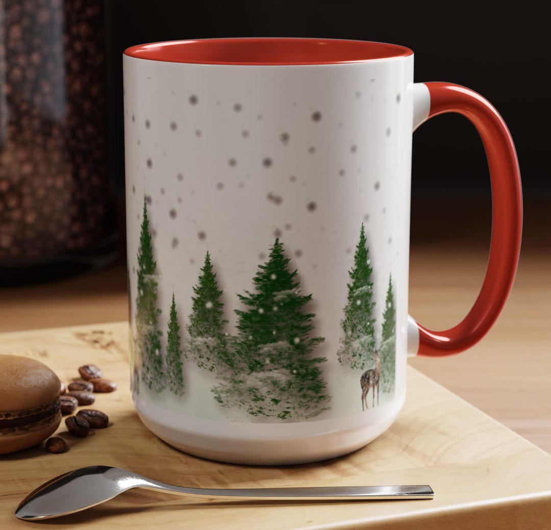 Christmas Winter Snowy Pine Tree Deer Mug, Deer Coffee Cup, Winter ...