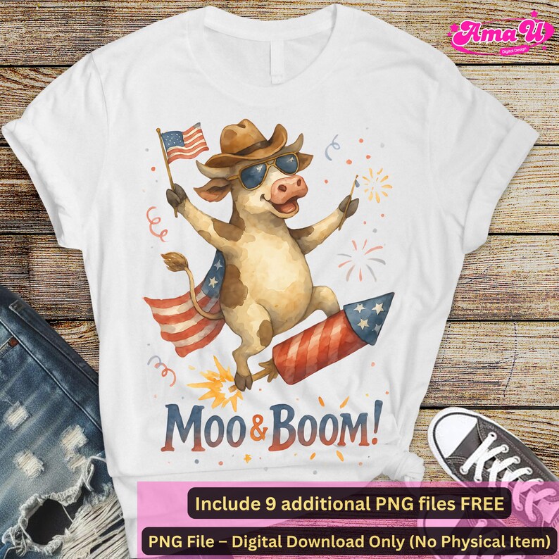 Moo & Boom Cow PNG, 4th of July Watercolor Sublimation, Patriotic ...