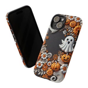 Halloween Phone Case With Cute Ghosts Pumpkins, Orange & White Flowers ...