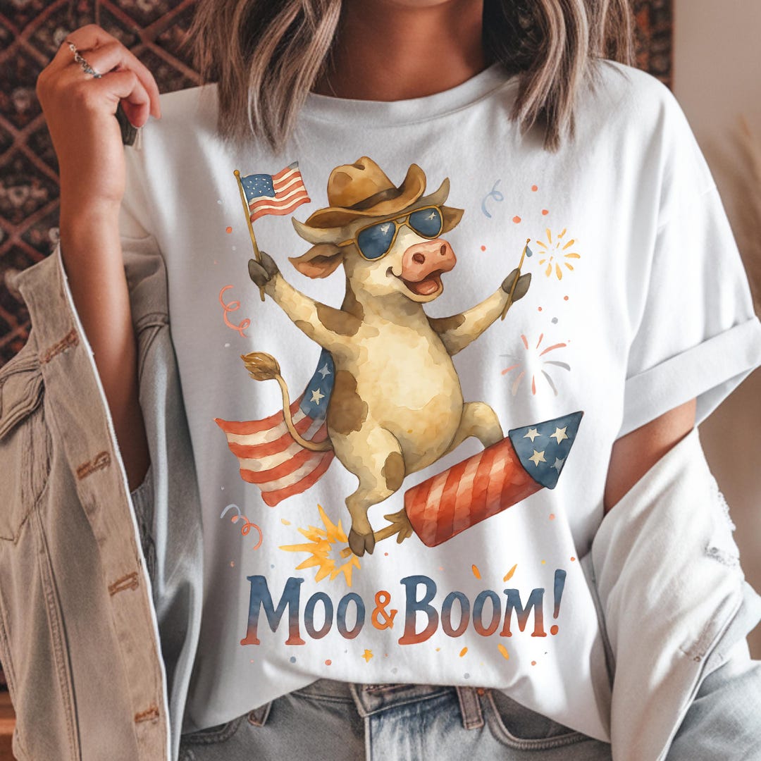 Moo & Boom Cow PNG, 4th of July Watercolor Sublimation, Patriotic ...