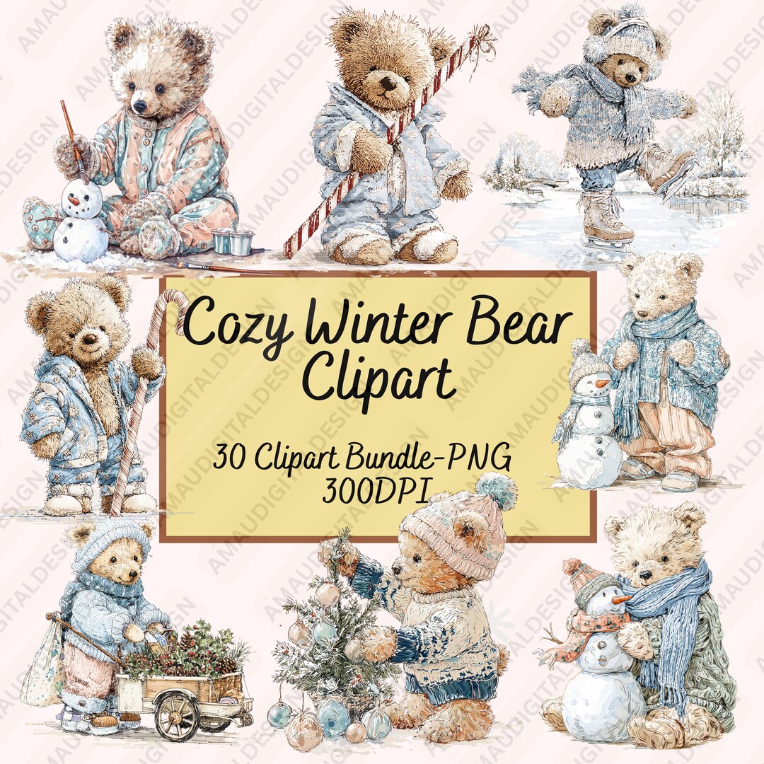 Watercolor Winter Teddy Bear Clipart, Christmas PNG Bundle (30 Pngs) - Etsy
