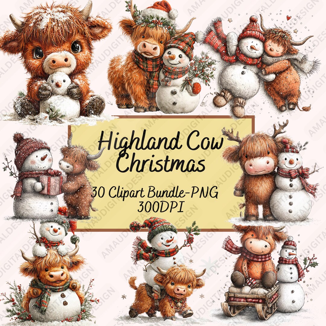 Highland Cow Christmas Clipart Bundle | Rustic Winter PNG (digital ...