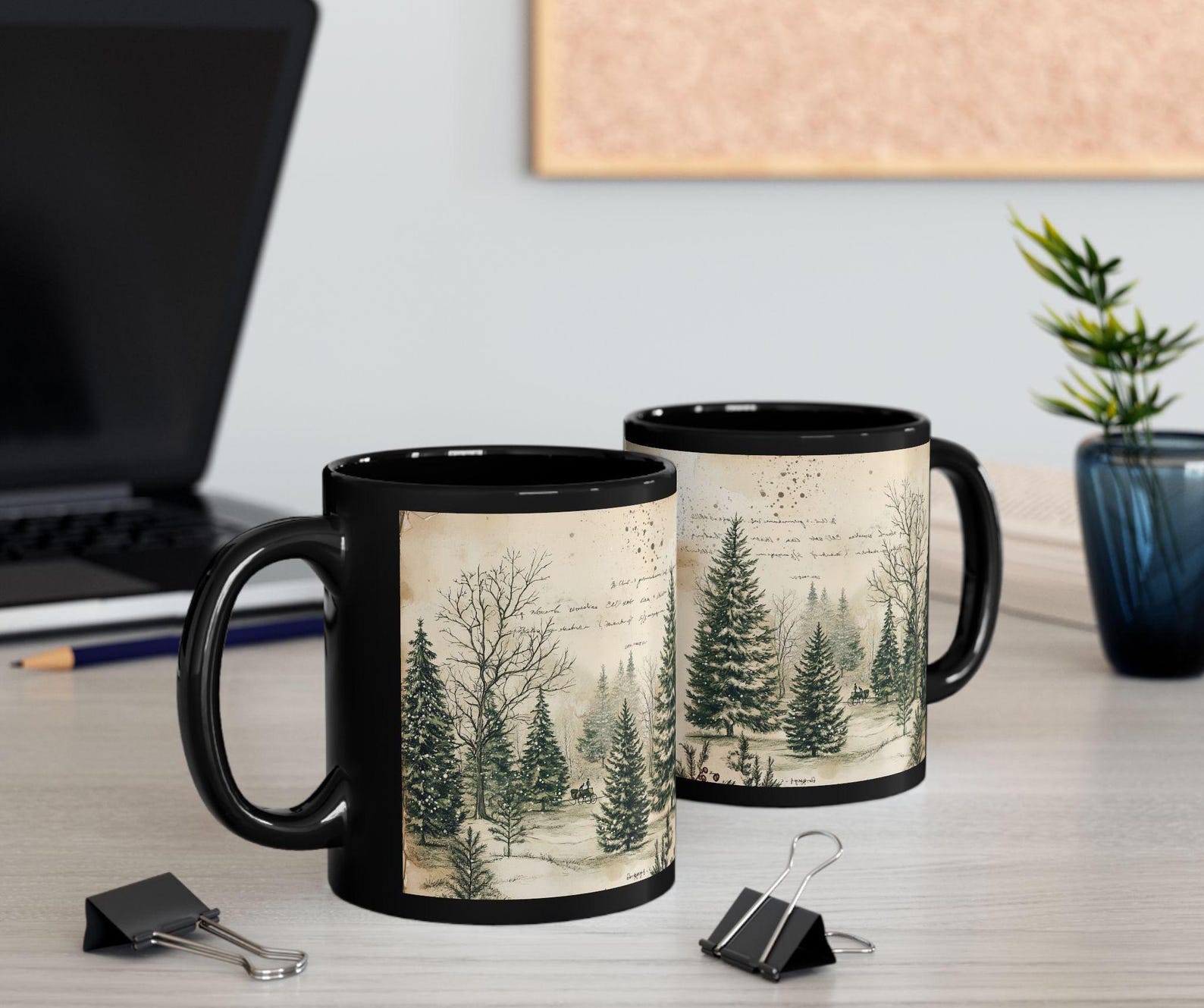 Vintage Snowy Christmas Pine Tree Coffee Mug, Winter Themed Forest ...
