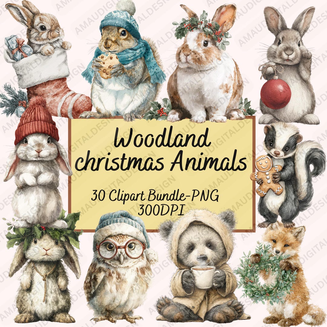 Watercolor Christmas Animals Clipart, Winter Woodland PNG Bundle ...