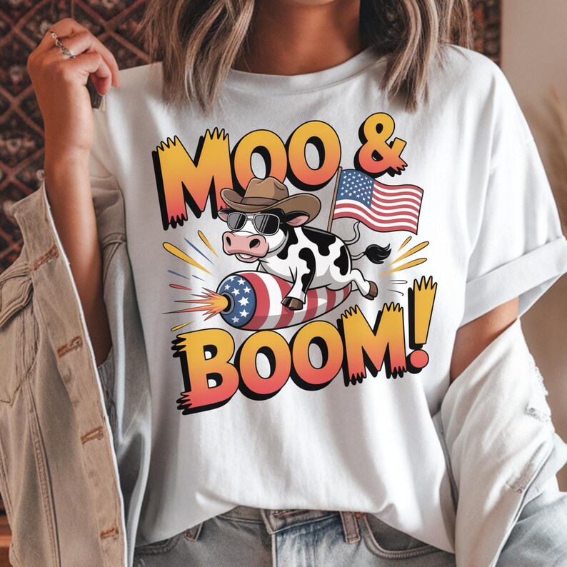 Moo & Boom PNG, Funny Cute Country Cowboy Cow 4th of July Sublimation ...