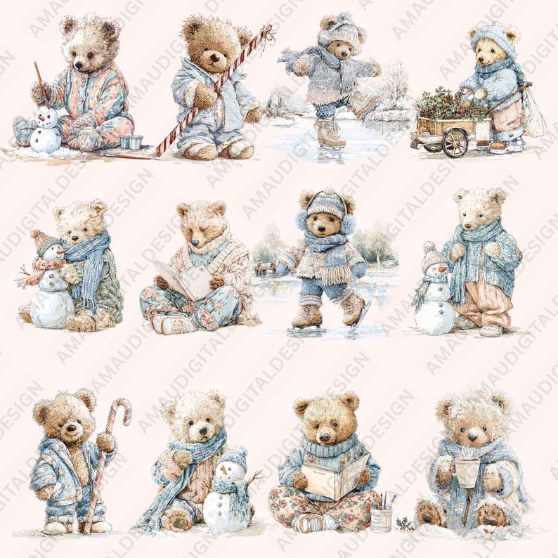 Watercolor Winter Teddy Bear Clipart, Christmas PNG Bundle (30 Pngs) - Etsy
