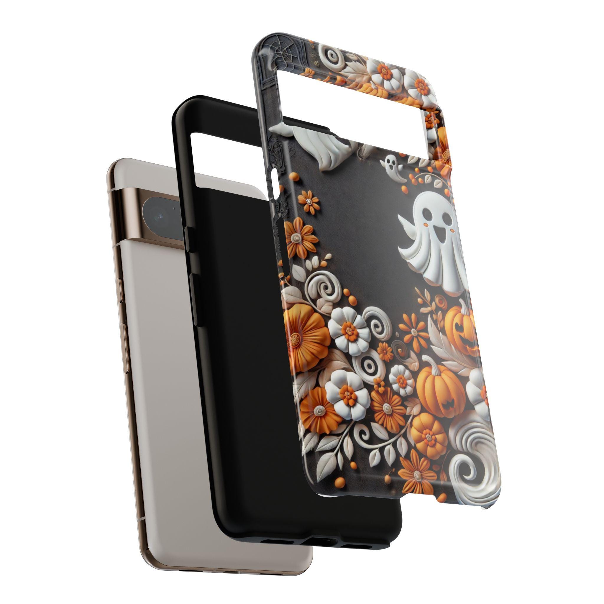 Halloween Phone Case With Cute Ghosts Pumpkins, Orange & White Flowers ...
