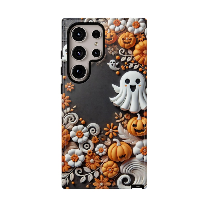 Halloween Phone Case With Cute Ghosts Pumpkins, Orange & White Flowers ...