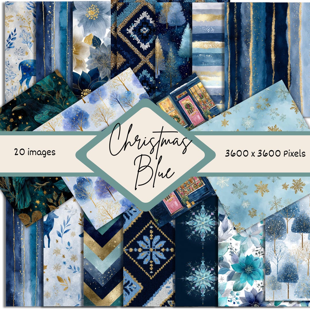 Christmas Blue Digital Paper Pack, Gold Snowflakes (instant Download ...