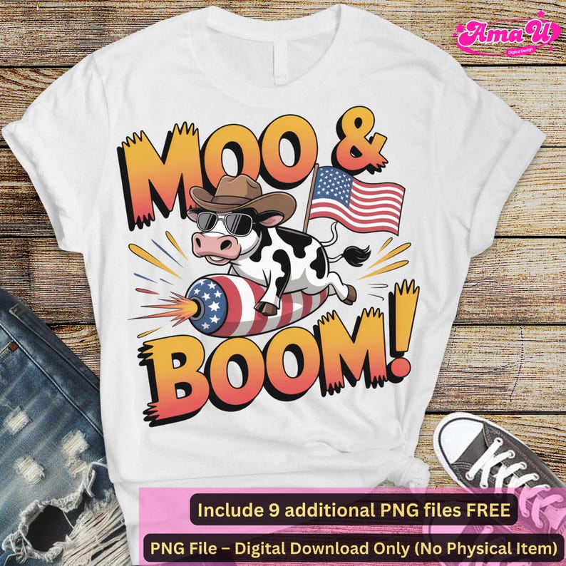 Moo & Boom PNG, Funny Cute Country Cowboy Cow 4th of July Sublimation ...