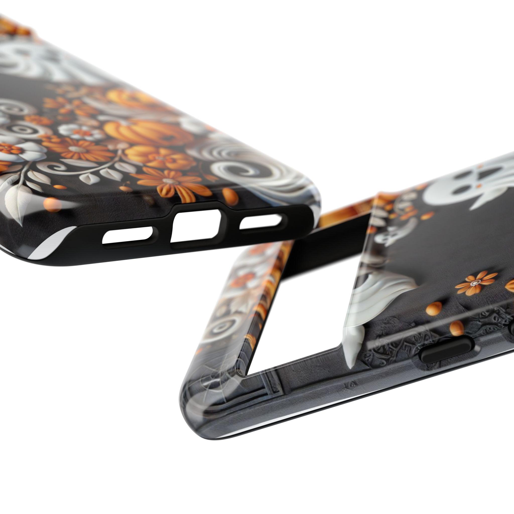 Halloween Phone Case With Cute Ghosts Pumpkins, Orange & White Flowers ...