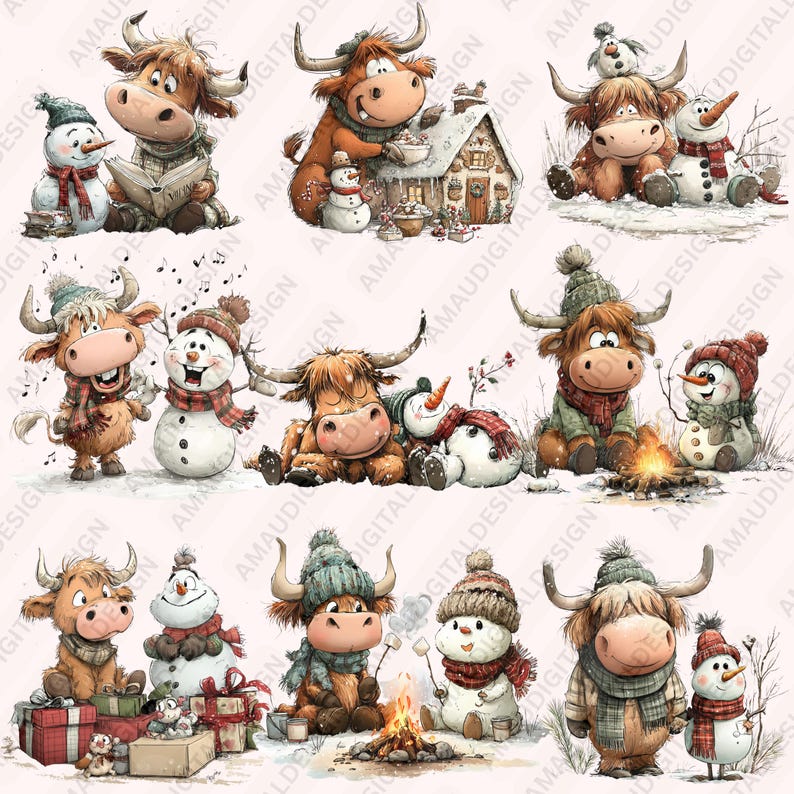 Christmas Highland Cow & Snowman Clipart Bundle (PNG) - Etsy