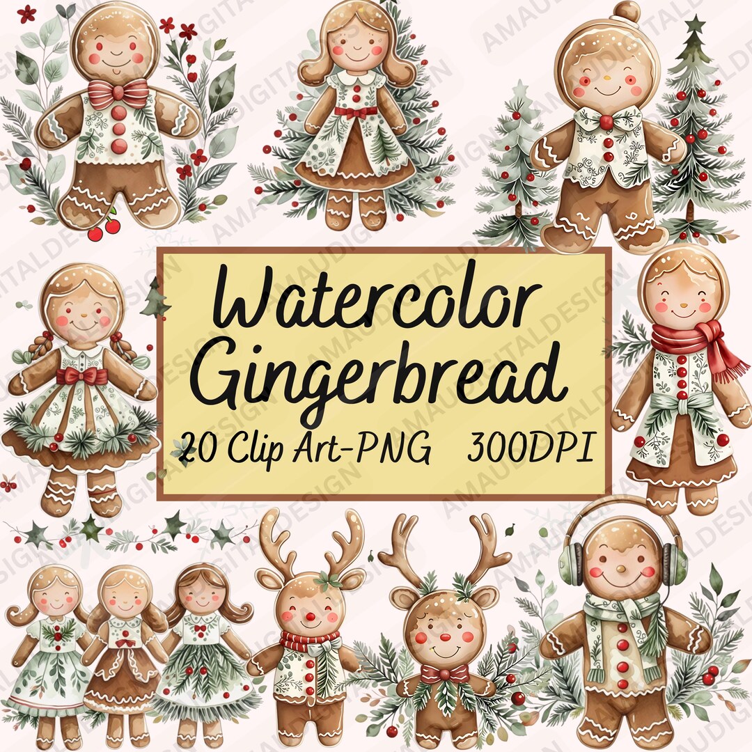Watercolor Gingerbread Clipart PNG Bundle, Christmas Holiday Graphics ...