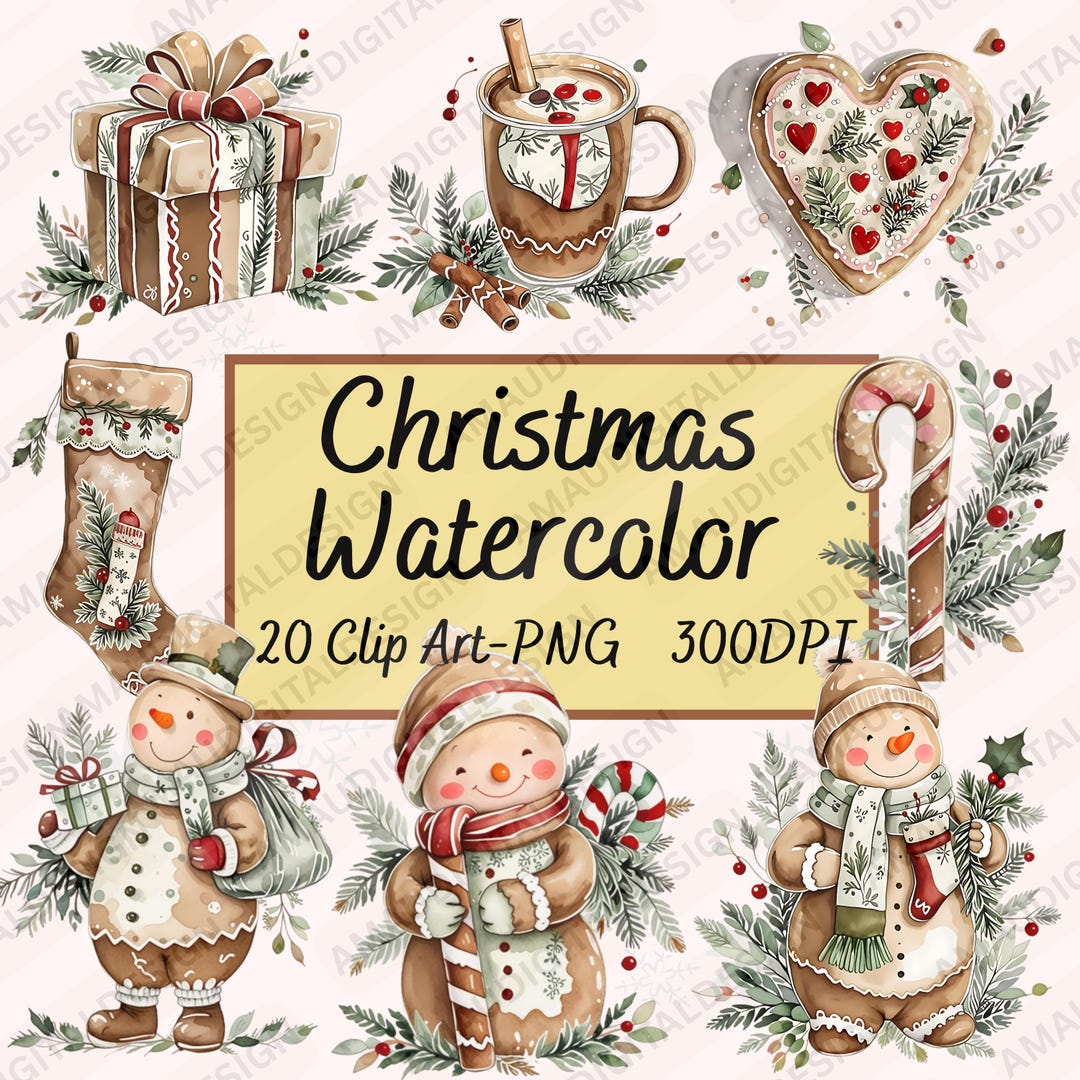 Christmas Watercolor Clipart Bundle, Gingerbread Snowman, PNG Set - Etsy
