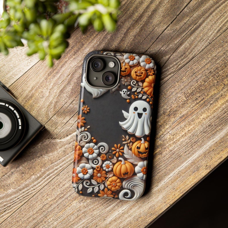 Halloween Phone Case With Cute Ghosts Pumpkins, Orange & White Flowers ...