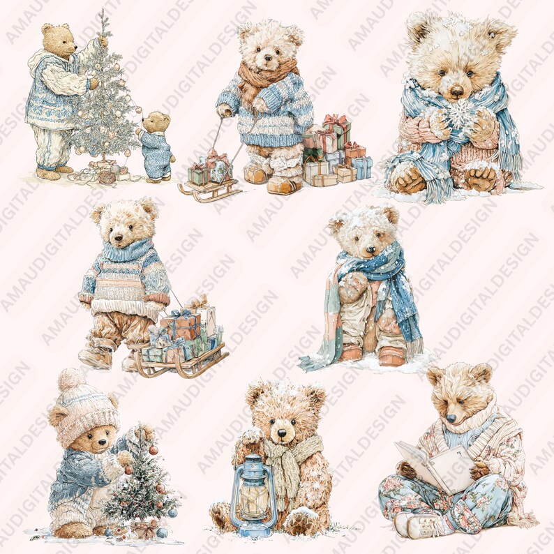 Watercolor Winter Teddy Bear Clipart, Christmas PNG Bundle (30 Pngs) - Etsy