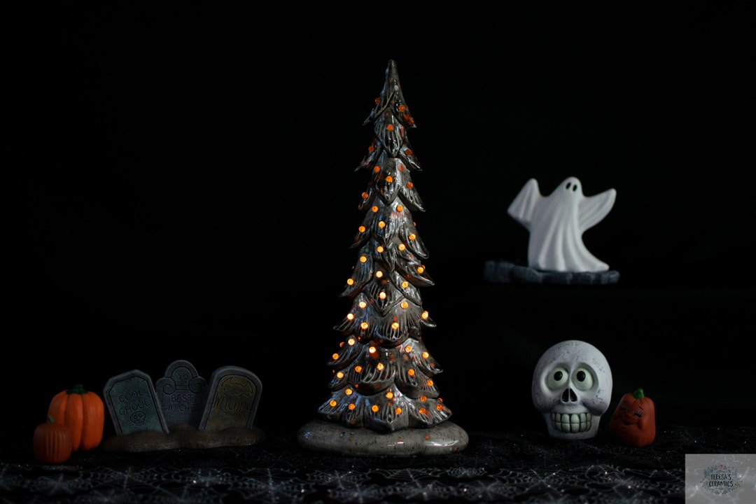 Harvest Ceramic Tree | Glazed Halloween Tree | Gray Wispy Pine | Fall ...