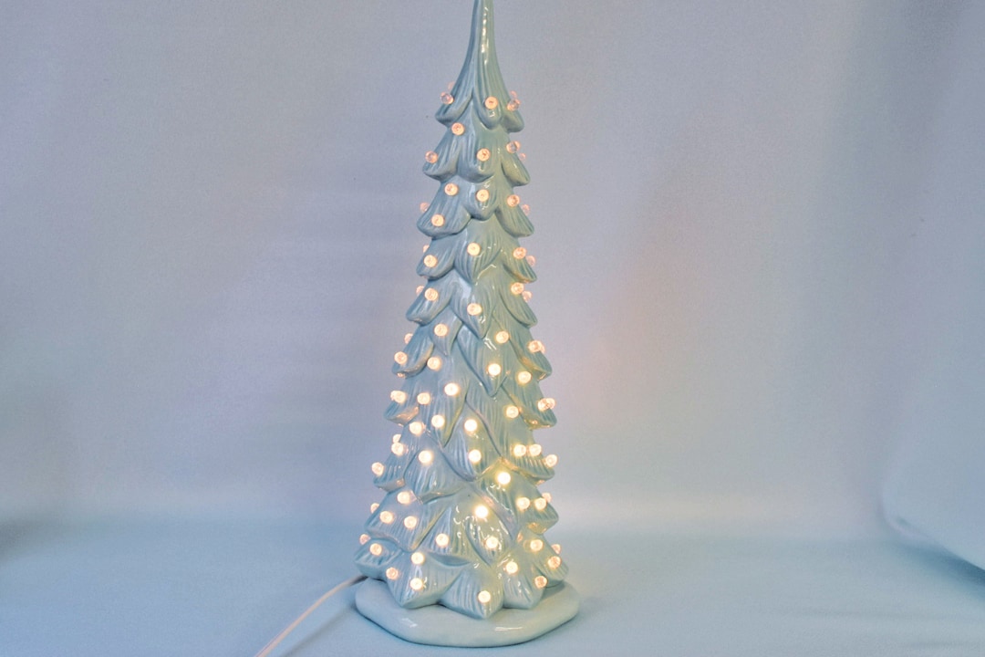 Wispy Pine Ceramic Christmas Tree - Sea-glass Color With Clear Lights ...