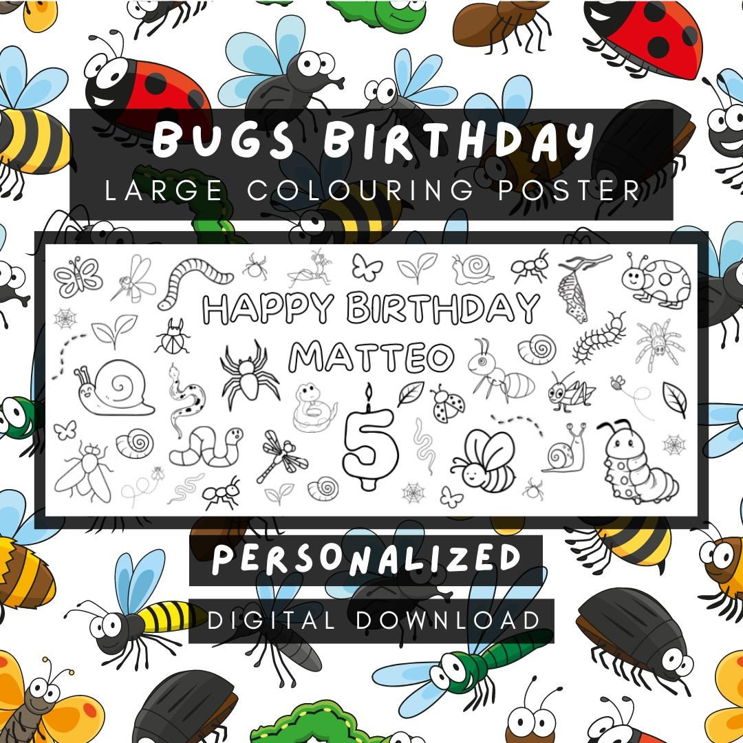 BUGS Happy Birthday Colouring Poster Coloring Mat Activity Banner Giant Personalized Custom ...