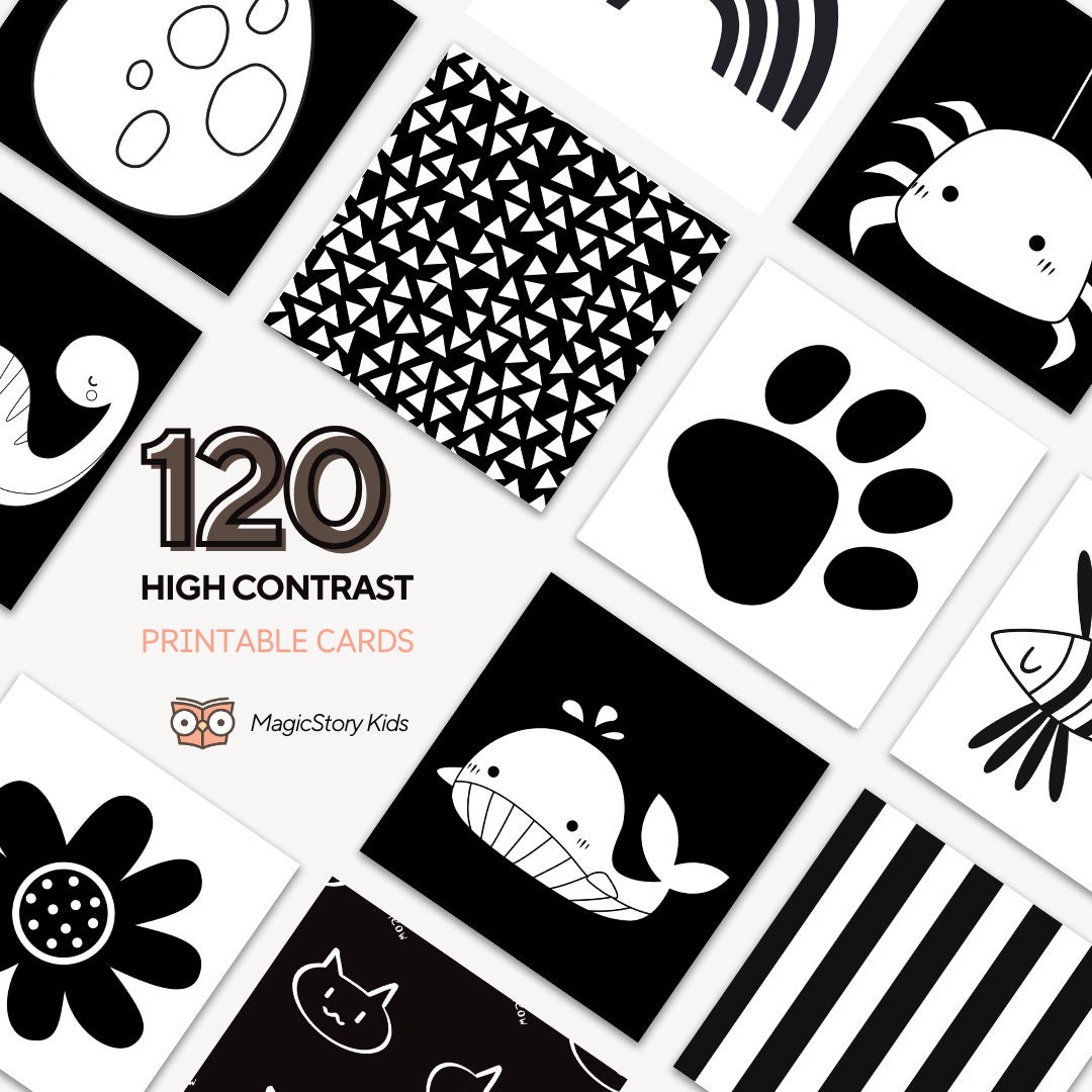 120 High Contrast Printable Cards for Babies. Sensory Black and White ...