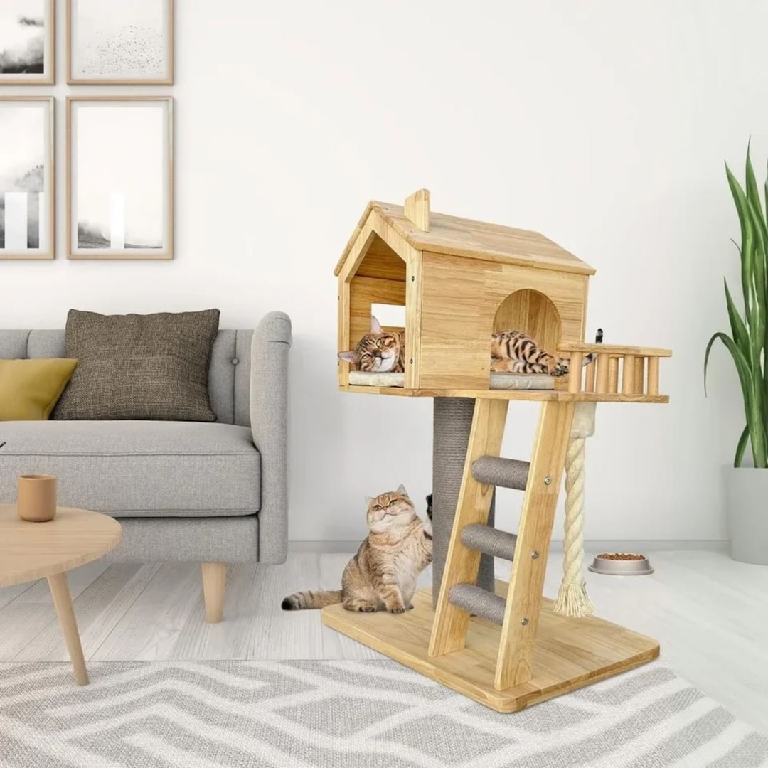 Handcrafted Wooden Cat Castle With Stairs & Scratch Sanctuary, Cat ...