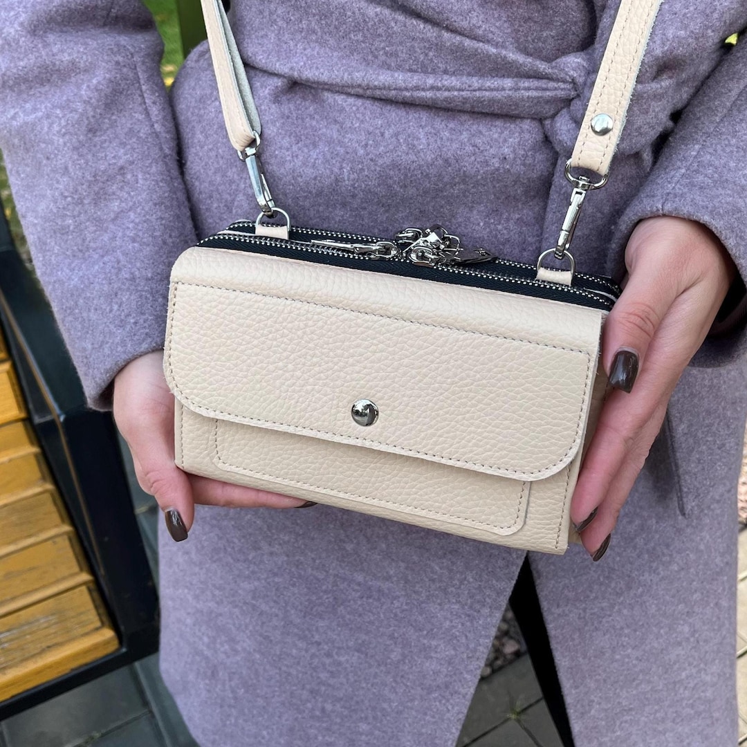 Leather Women Beige Crossbody Wallet Bag, Phone Crossbody With Built-in ...