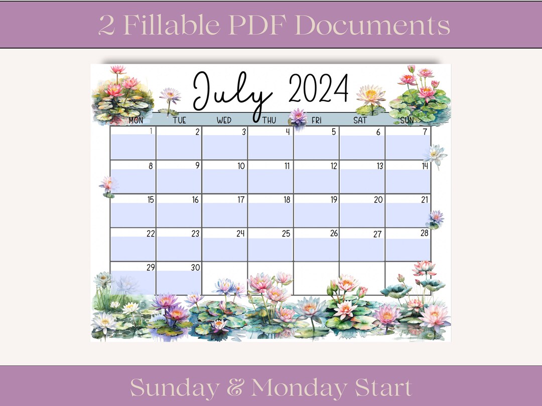 Monthly Calendar, July Calendar Printable, Fillable Monthly Planner ...