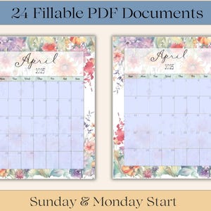 2025 Watercolor Floral Monthly Calendar Bundle | Sunday & Monday Starts ...