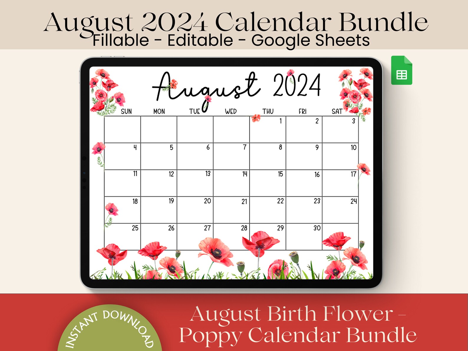 Monthly Calendar August Poppy Calendar Printable Fillable Monthly ...