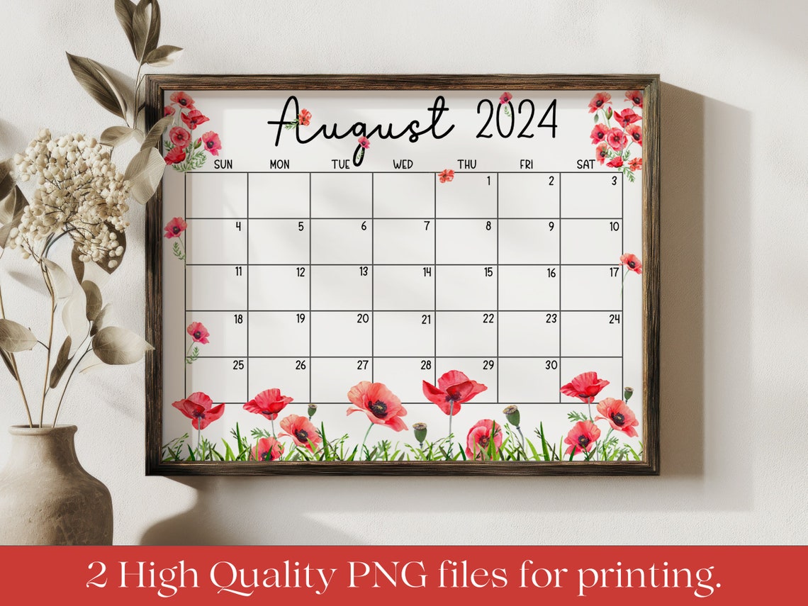 Monthly Calendar August Poppy Calendar Printable Fillable Monthly ...