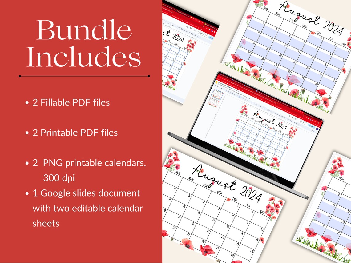 Monthly Calendar August Poppy Calendar Printable Fillable Monthly ...