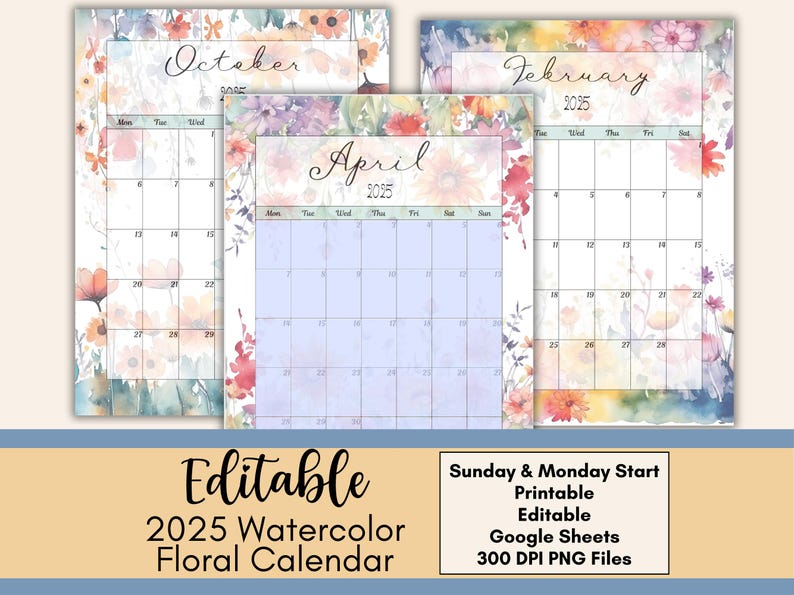 2025 Watercolor Floral Monthly Calendar Bundle | Sunday & Monday Starts ...