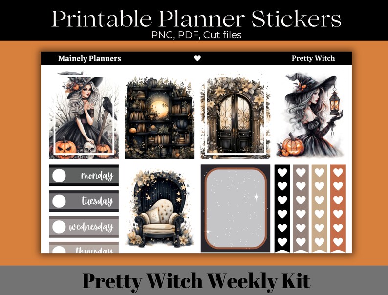 Printable Planner Stickers Kit Pretty Witch Clipart Sticker Sheets for Erin Condren Planners ...