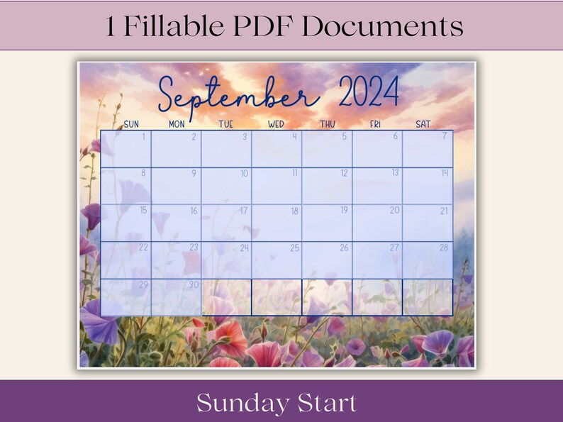 September 2024 Calendar Printable Wall SEP Birth Flower Decor Classroom ...