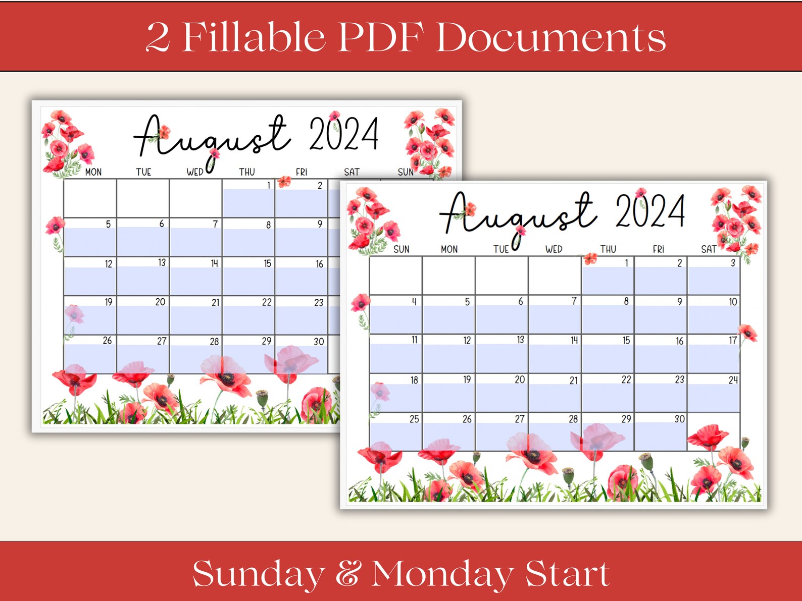 Monthly Calendar August Poppy Calendar Printable Fillable Monthly ...