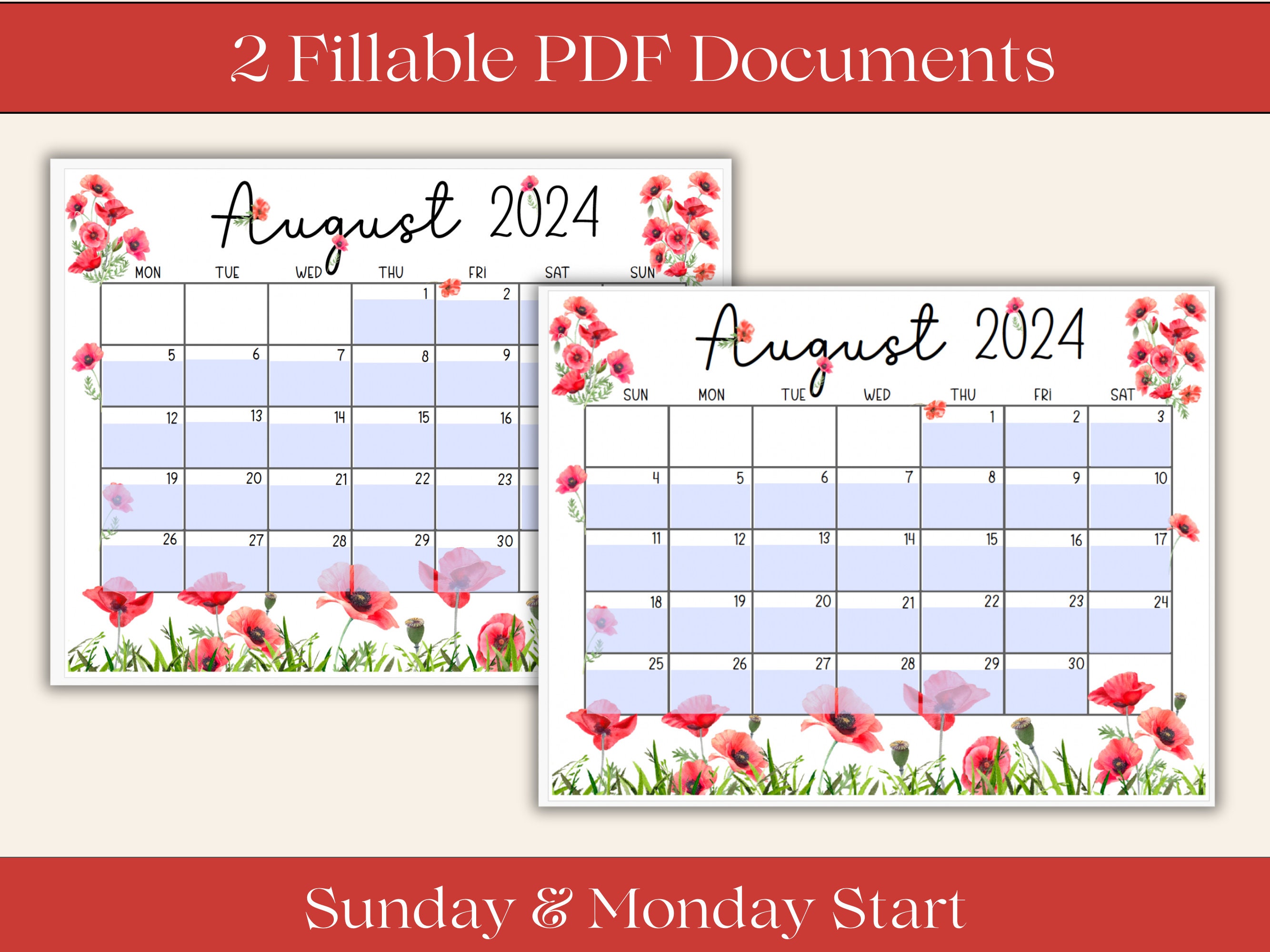 Monthly Calendar August Poppy Calendar Printable Fillable Monthly ...