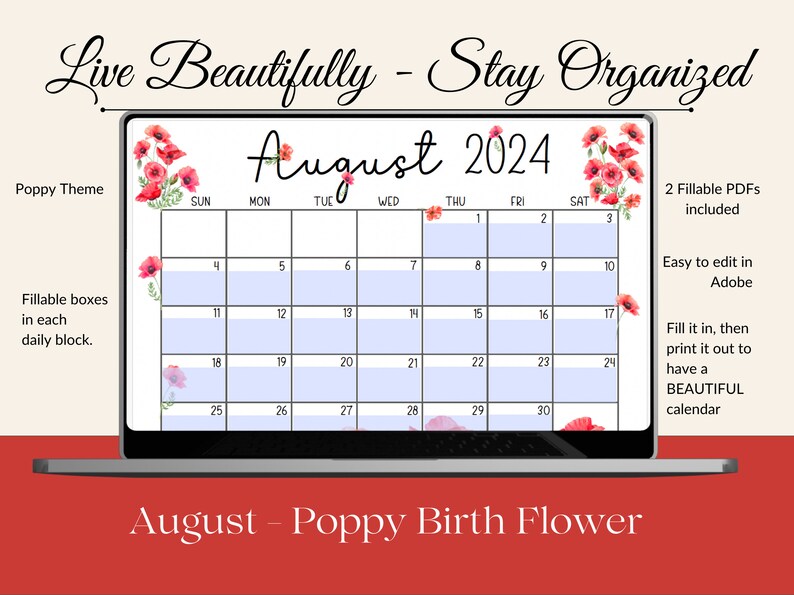 Monthly Calendar August Poppy Calendar Printable Fillable Monthly ...