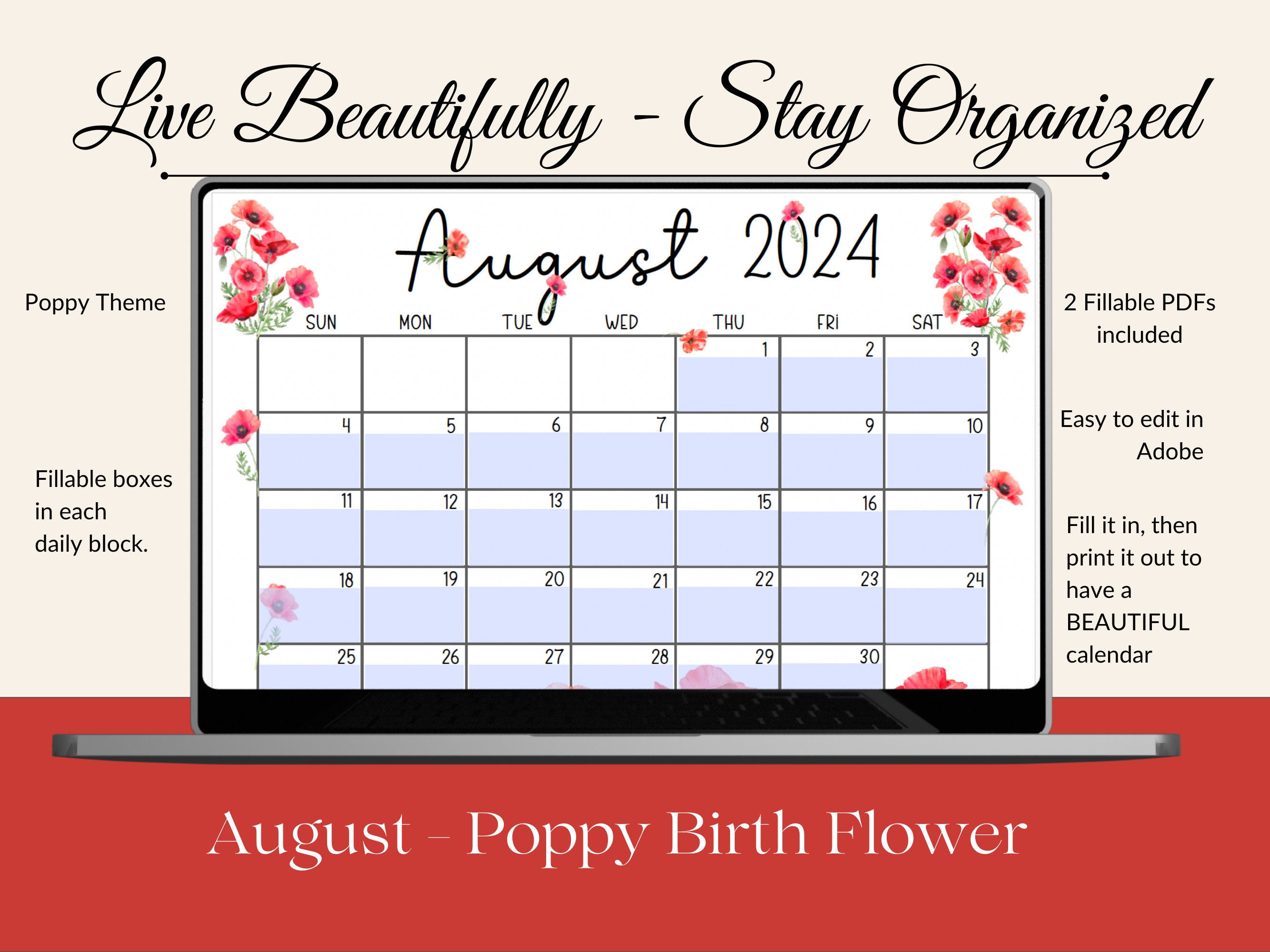 Monthly Calendar August Poppy Calendar Printable Fillable Monthly ...