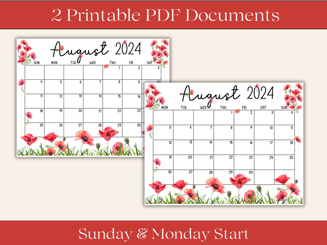 Monthly Calendar August Poppy Calendar Printable Fillable Monthly ...